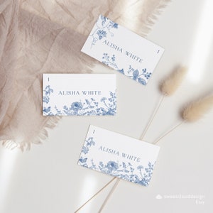 Dusty Blue Floral Place Cards Template Steel Blue Name Card - Etsy