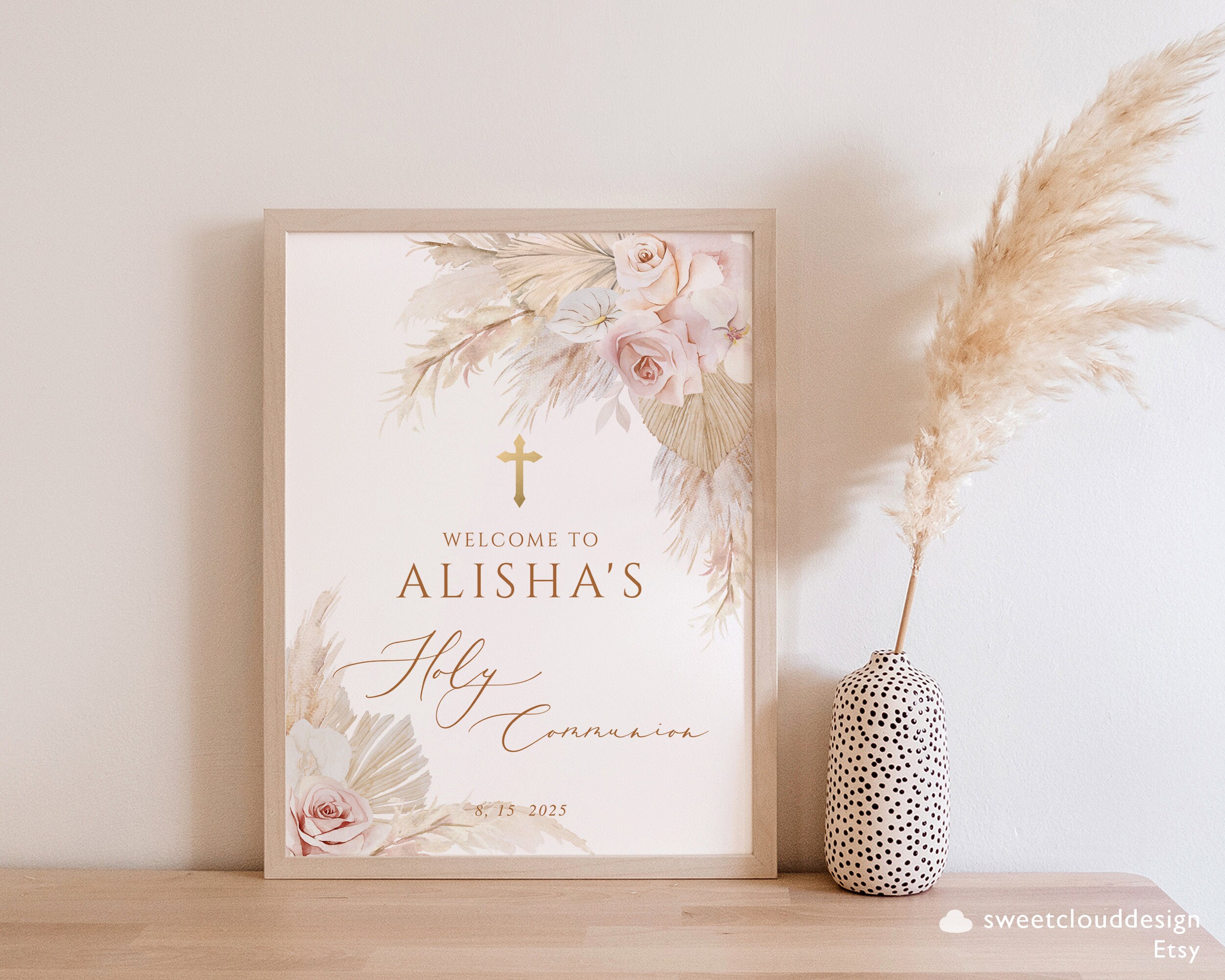Dusty Pink Holy Communion Welcome Sign Template Gold Cross Pampas Grass ...
