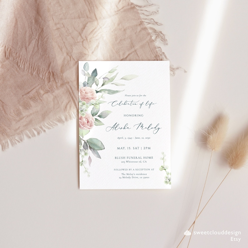 Dusty Pink Flower Funeral Invitation Blush Floral Rose Funeral ...