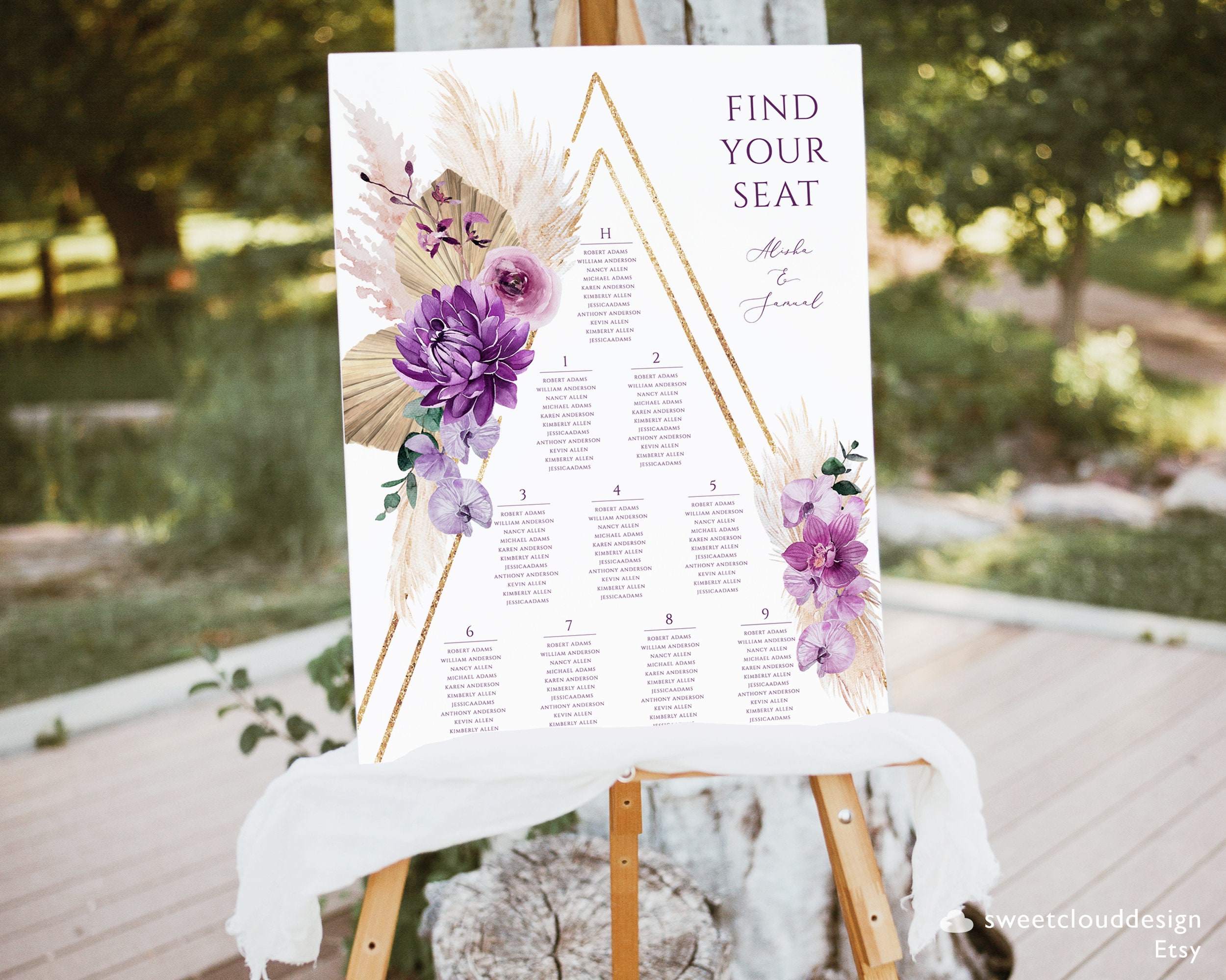 Purple Boho Seating Chart Sign Template Violet Floral Seat - Etsy