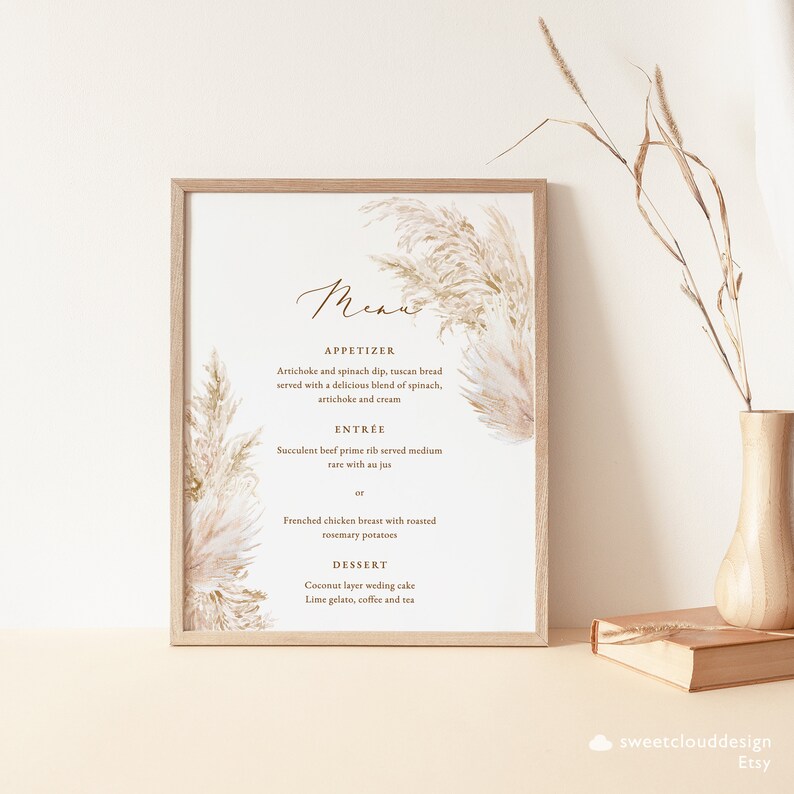 Pampas Grass Menu Sign Template BOHO Pampas Grass Printable Menu Sign ...