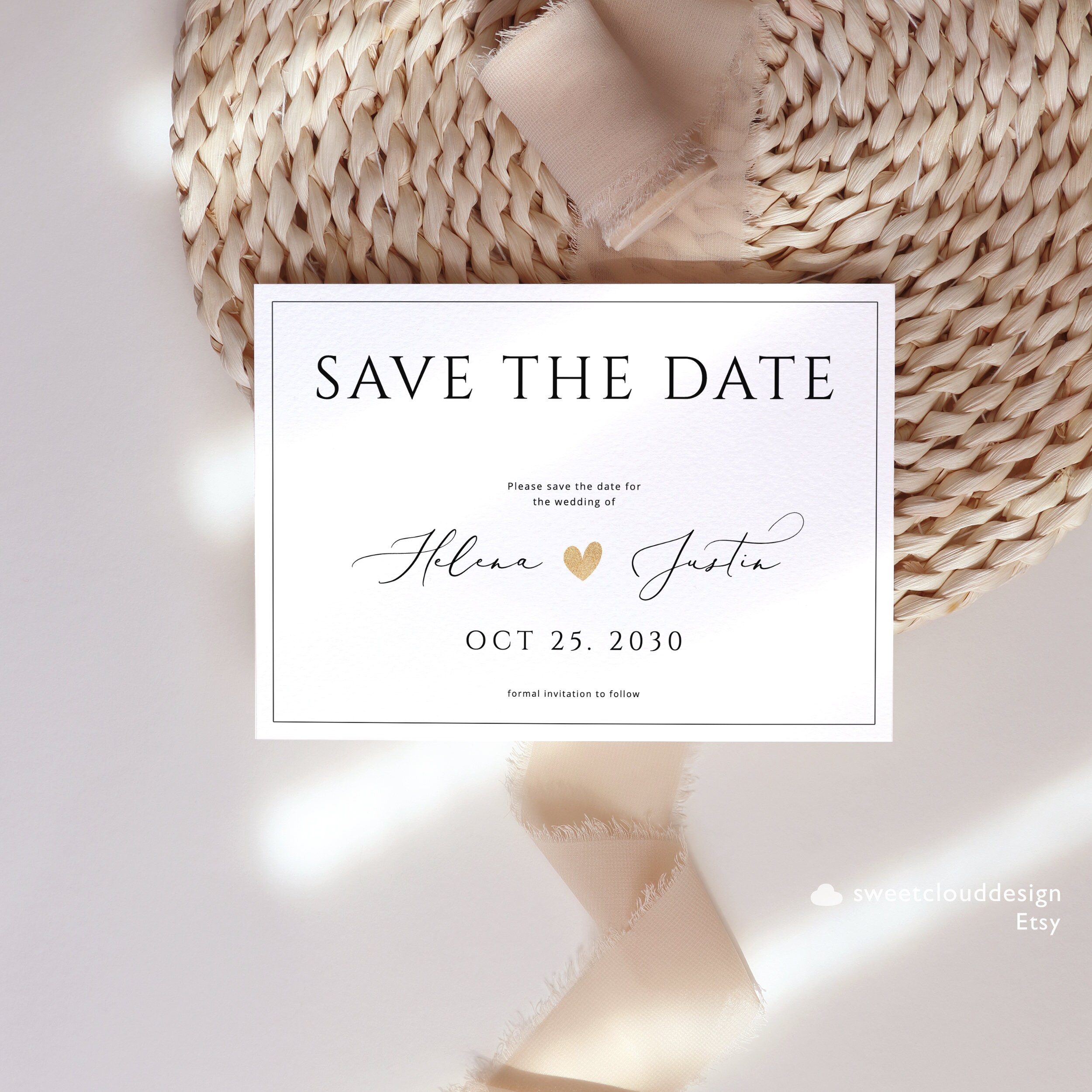 Simple Save the Date Card Template, Gold Heart Save Our Date Invite ...