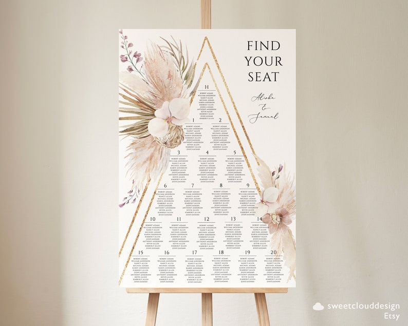 Boho Seating Chart Sign Teepee Chart Template Pampas Seating Sign ...