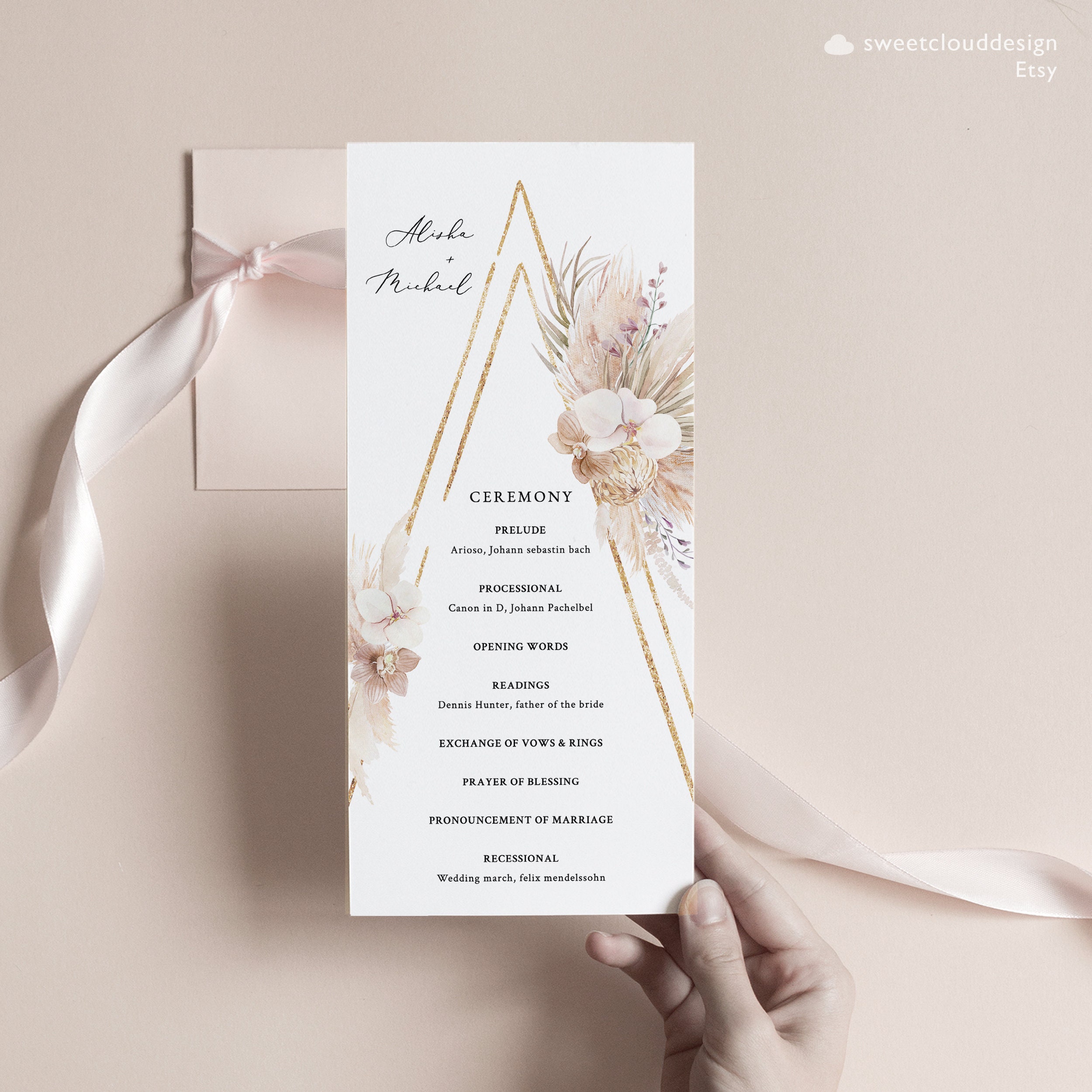 Gold Boho Wedding Program Template Orchid Bohemian Program Pampas Grass ...
