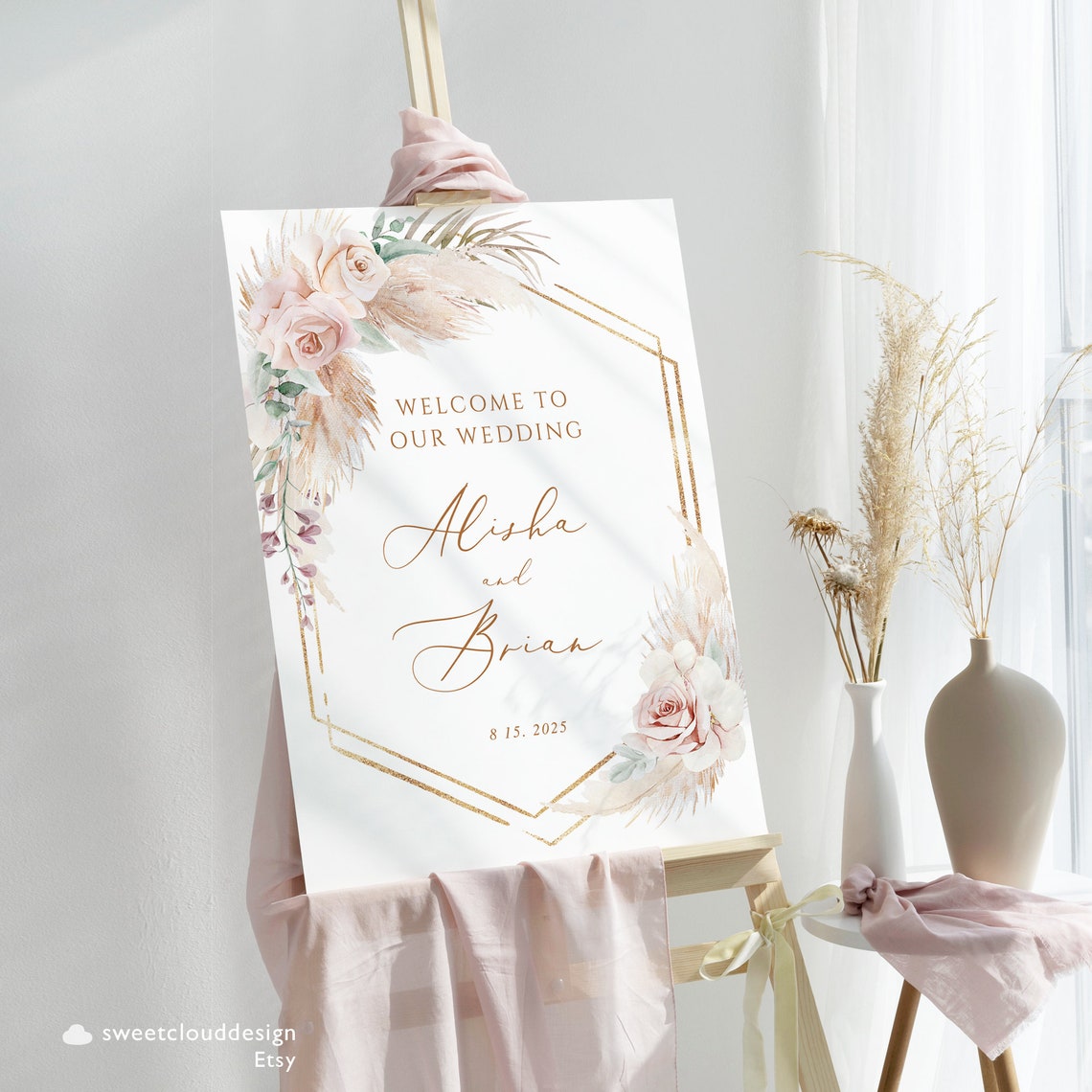 Blush Boho Welcome Wedding Sign Gold Frame Pampas Grass Welcome Sign ...