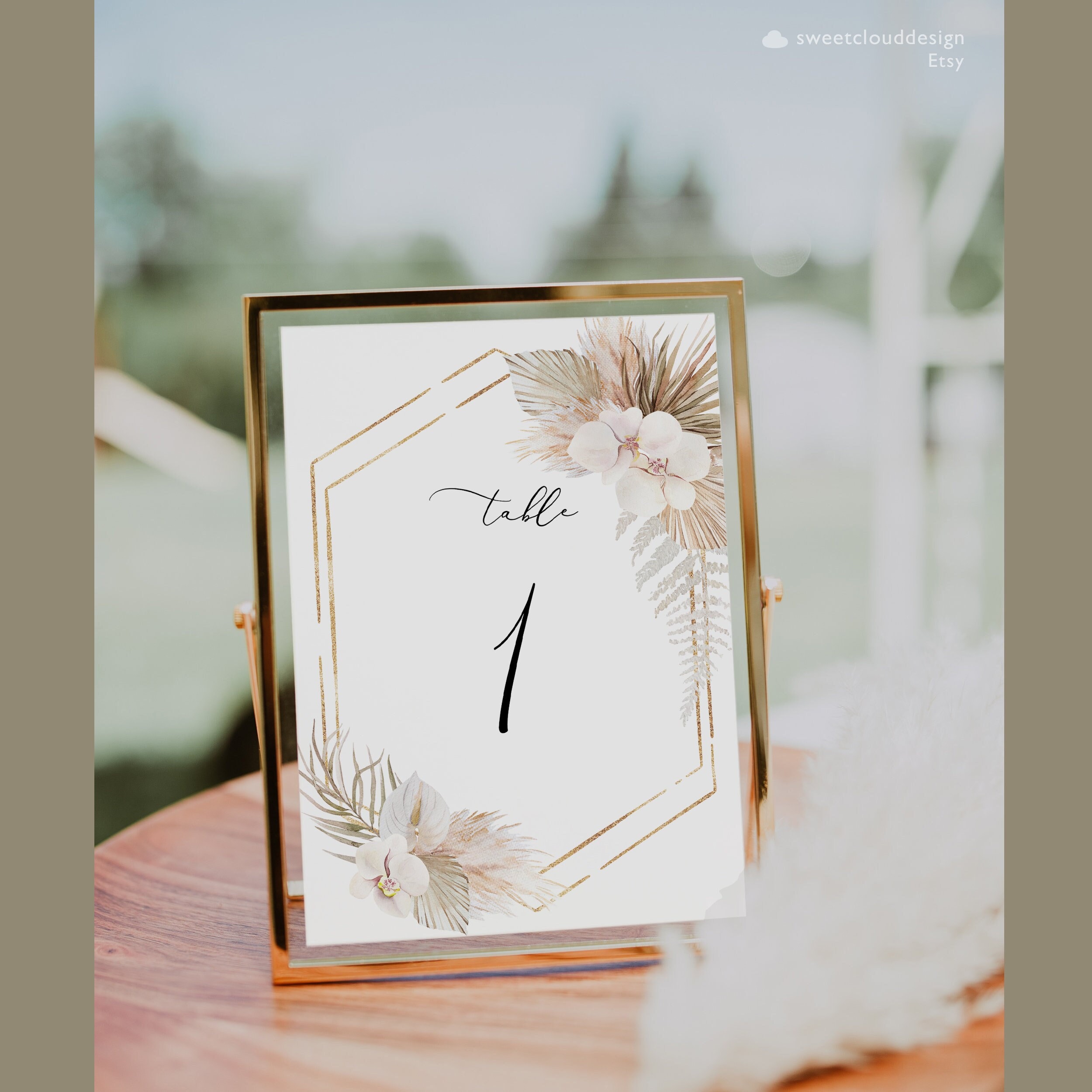 Boho Table Number Gold Frame BOHO Pampas Grass Wedding Table Number ...
