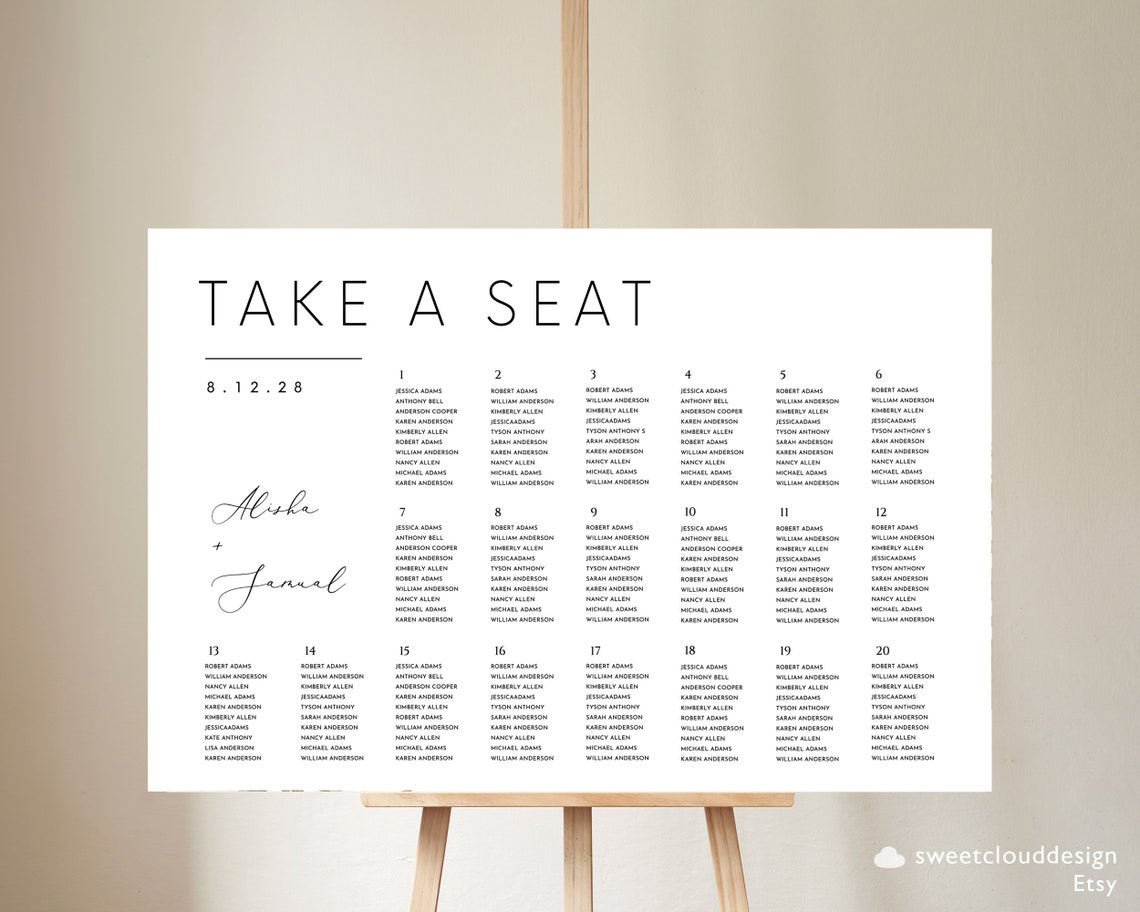 Modern Wedding Seating Chart Horizontal Editable Simple | Etsy