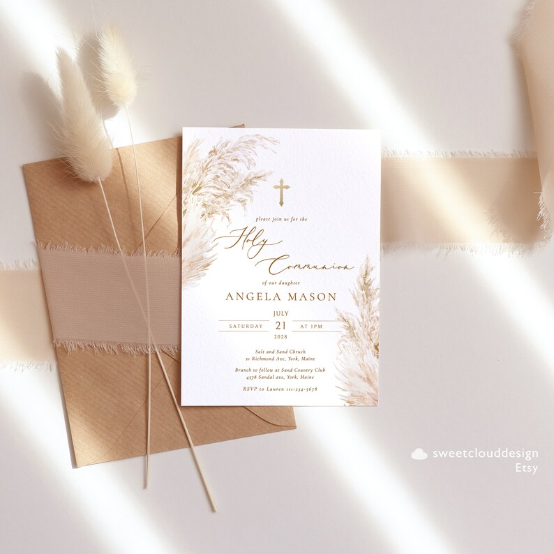 Pampas Grass Holy Communion Invitation Template Gold Cross Boho Pampas ...