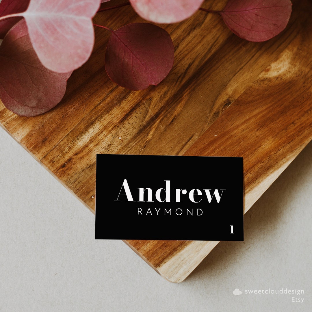 Black MINIMAL Wedding Place Cards Template Editable Place Card Black ...