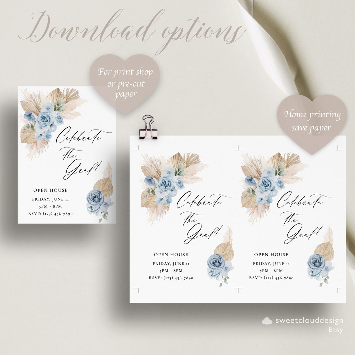 Dusty Blue Boho Invitation Insert Card Template Steel Blue | Etsy