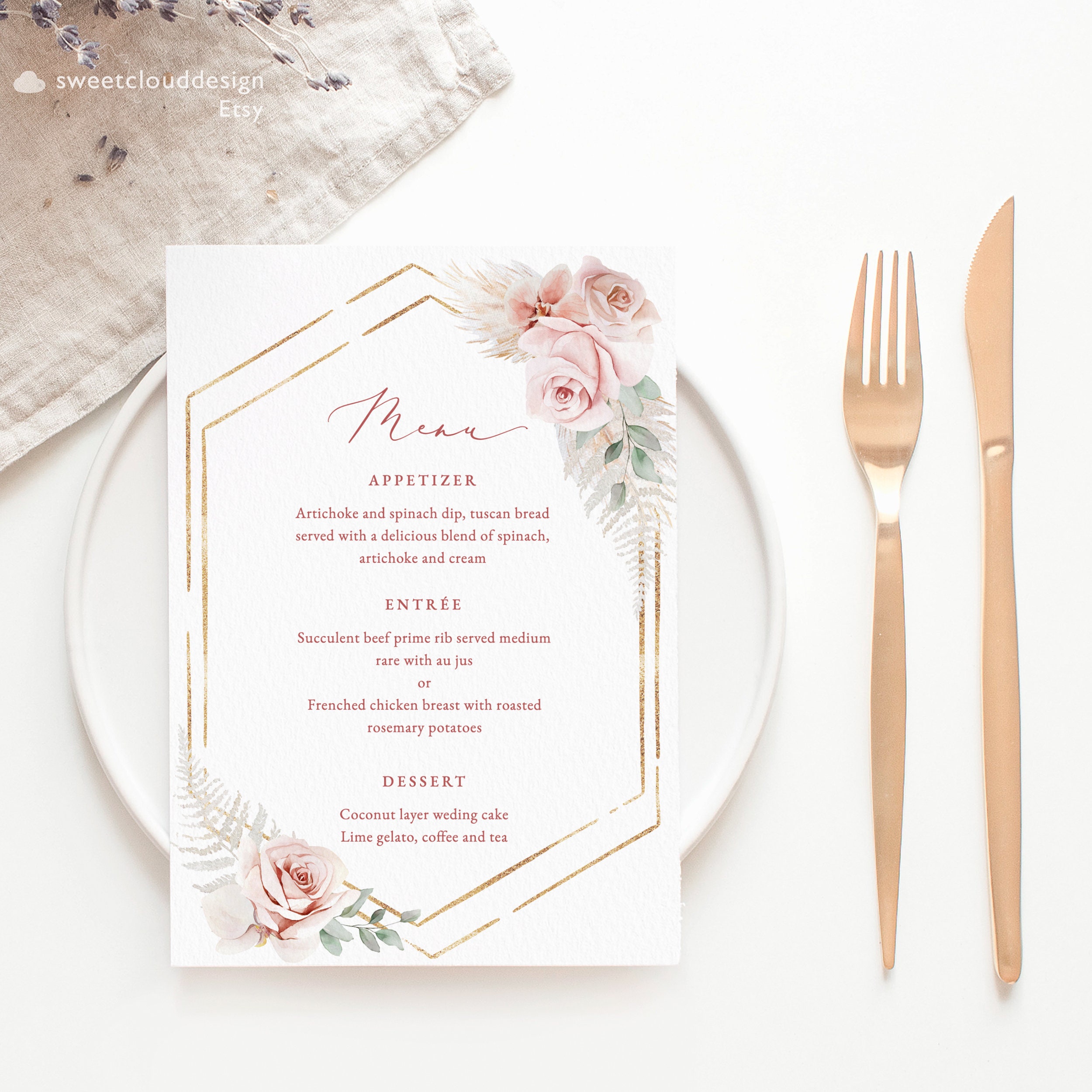 Dusty PINK Wedding Menu Template BOHO Pink Menu Printable Gold Boho ...