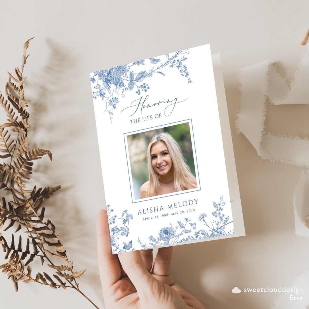 Dusty Blue Floral Funeral Program Booklet Blue Flower Ceremony Foldable ...