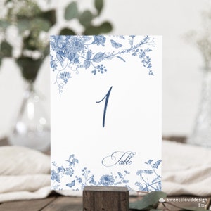 Dusty Blue Flower Table Number Template Steel Blue Floral Wedding Table ...