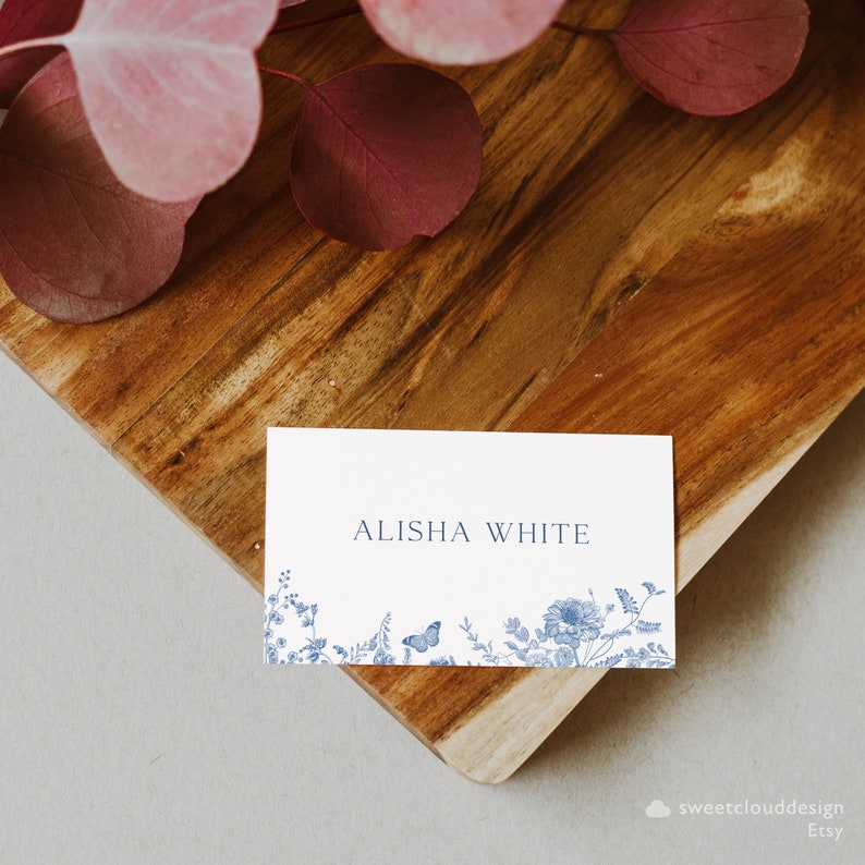 Dusty Blue Floral Place Cards Template Steel Blue Name Card Editable ...