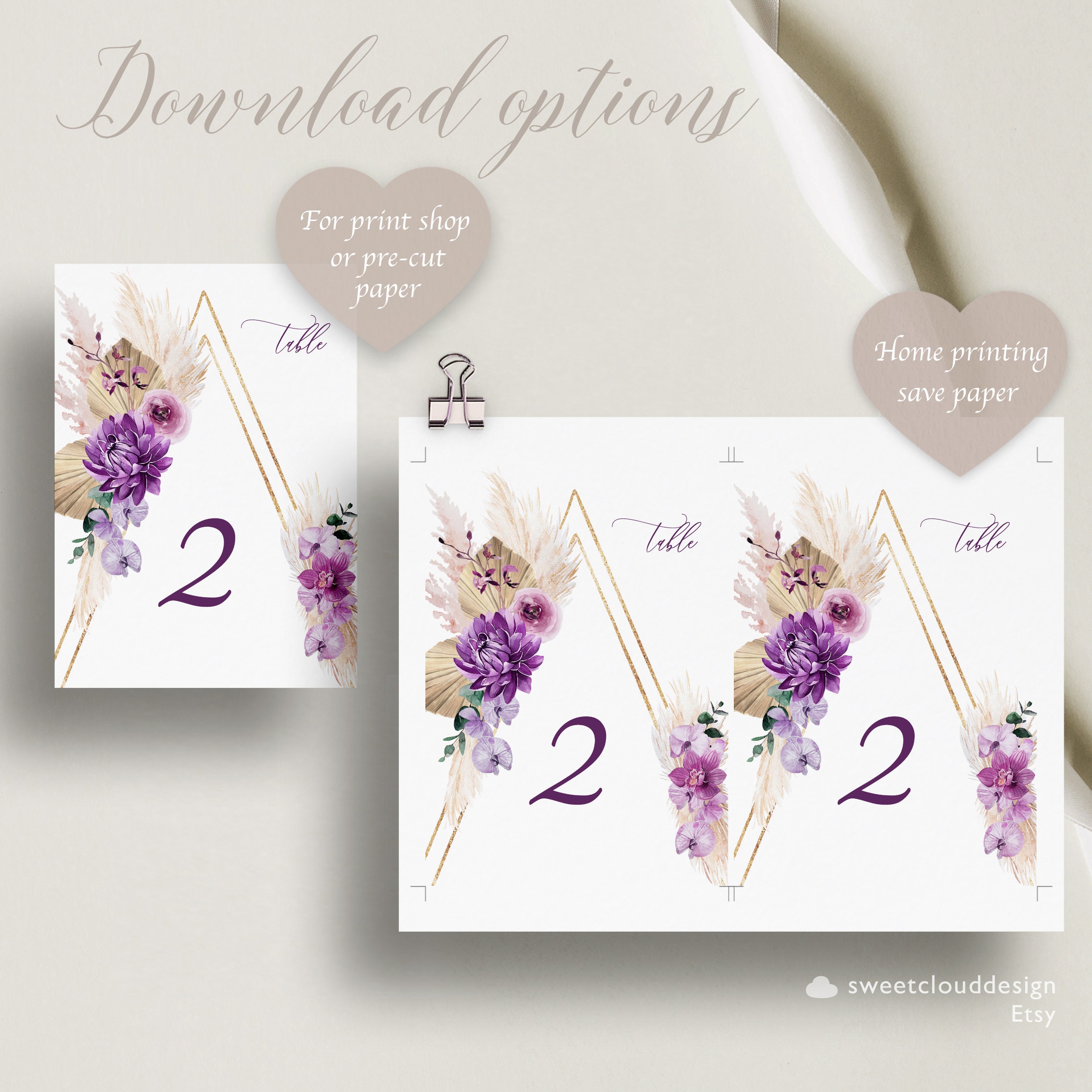 Purple Boho Table Number Violet and Gold Wedding Table Number - Etsy