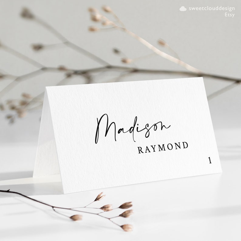 Minimal Wedding Place Cards Template Editable Simple Place Card Black ...