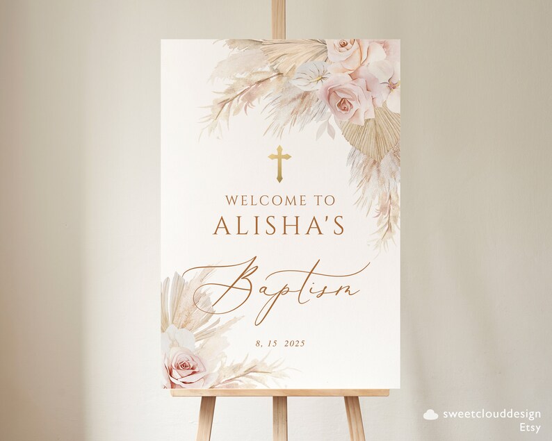 Dusty Pink Baptism Welcome Sign Template Gold Cross Baptism Pampas ...