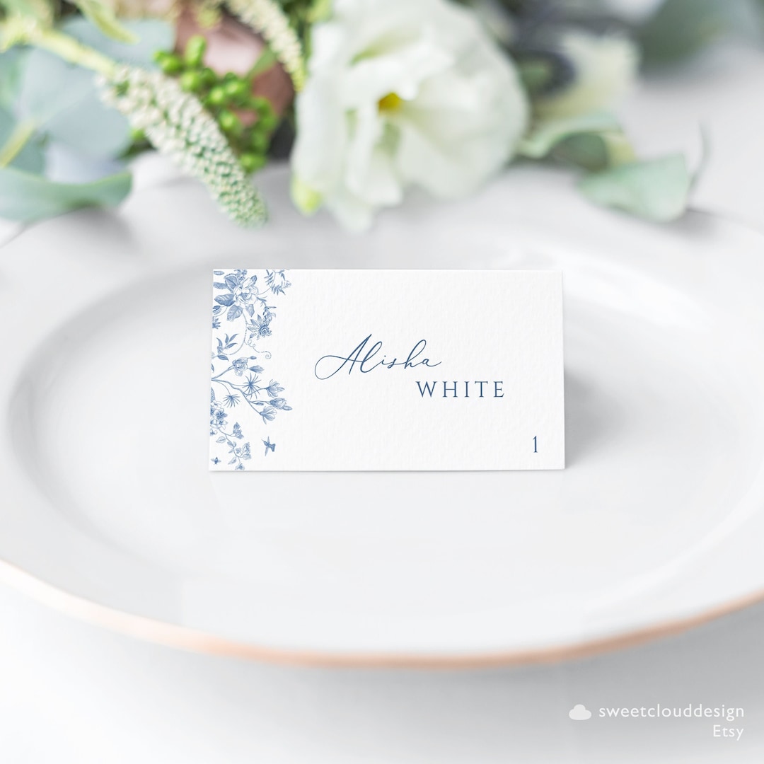 Dusty Blue Floral Place Cards Template Steel Blue Name Card Editable ...