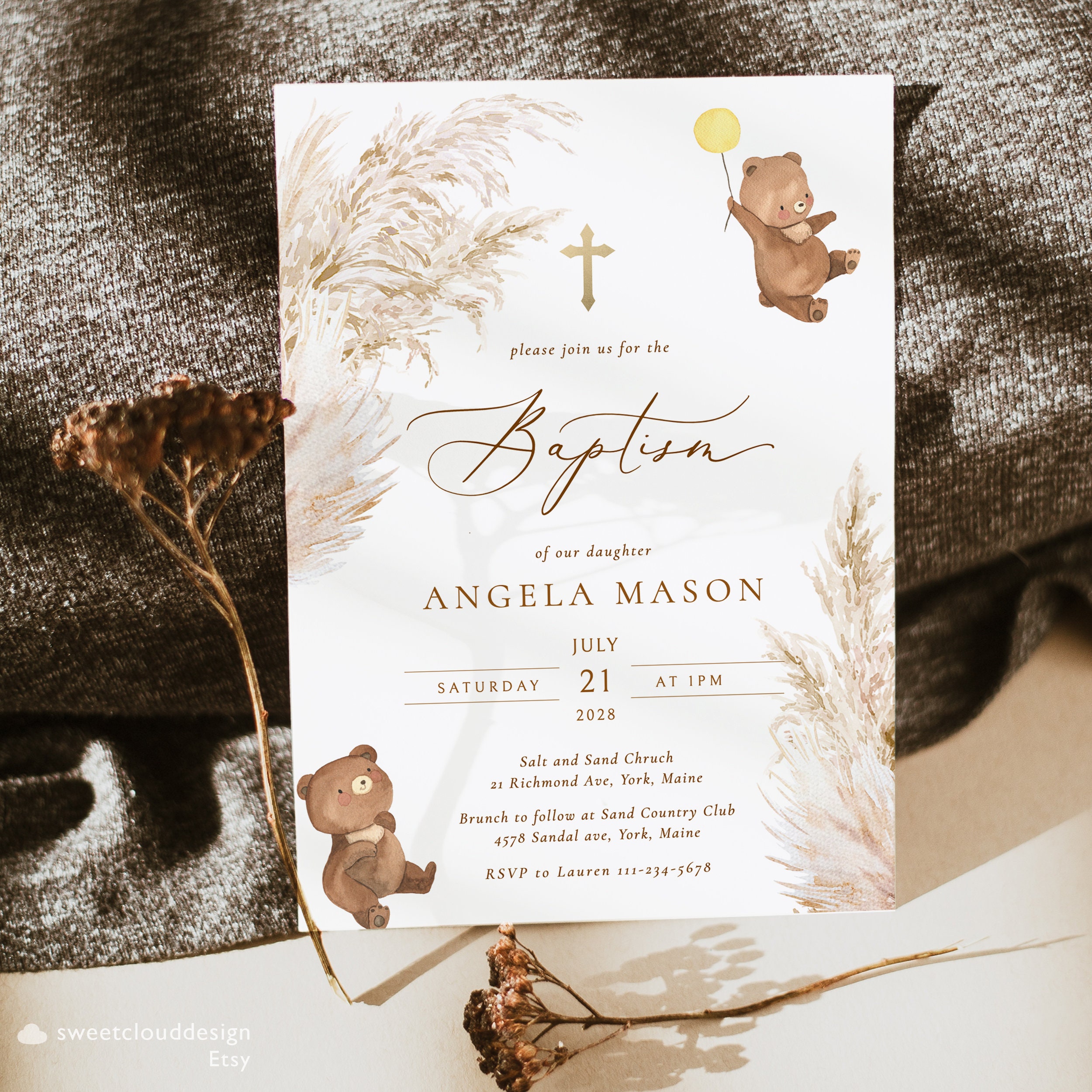 Teddy Bear Baptism Invitation Template Pampas Grass Baptism - Etsy