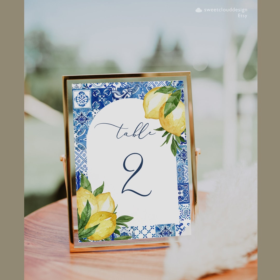 Lemon and Blue Tile Table Number Template Italy Blue Tile Wedding Table ...