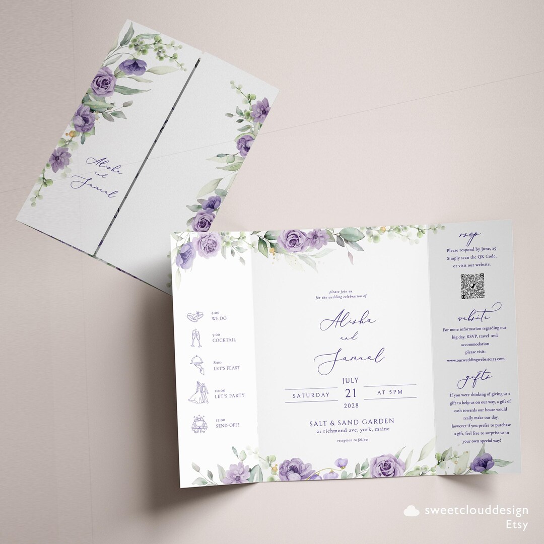 Gatefold Purple Floral Wedding Invitation Dusty Purple Flower Gatefold ...