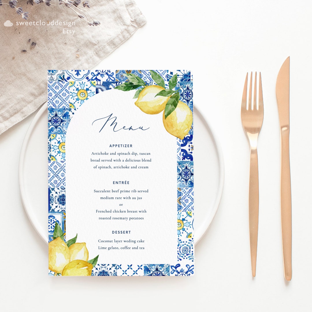 Lemon Blue Tile Wedding Menu Template Blue Tile Arch Frame Floral Menu ...