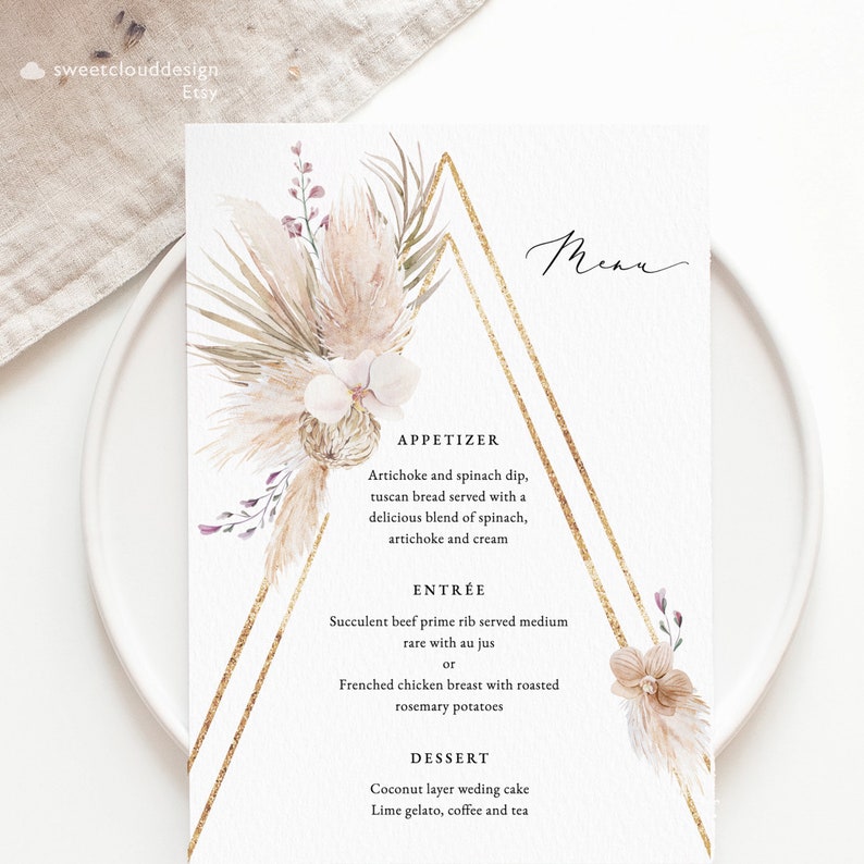 Boho Orchid Menu Boho floral dinner menu Printable boho menu | Etsy
