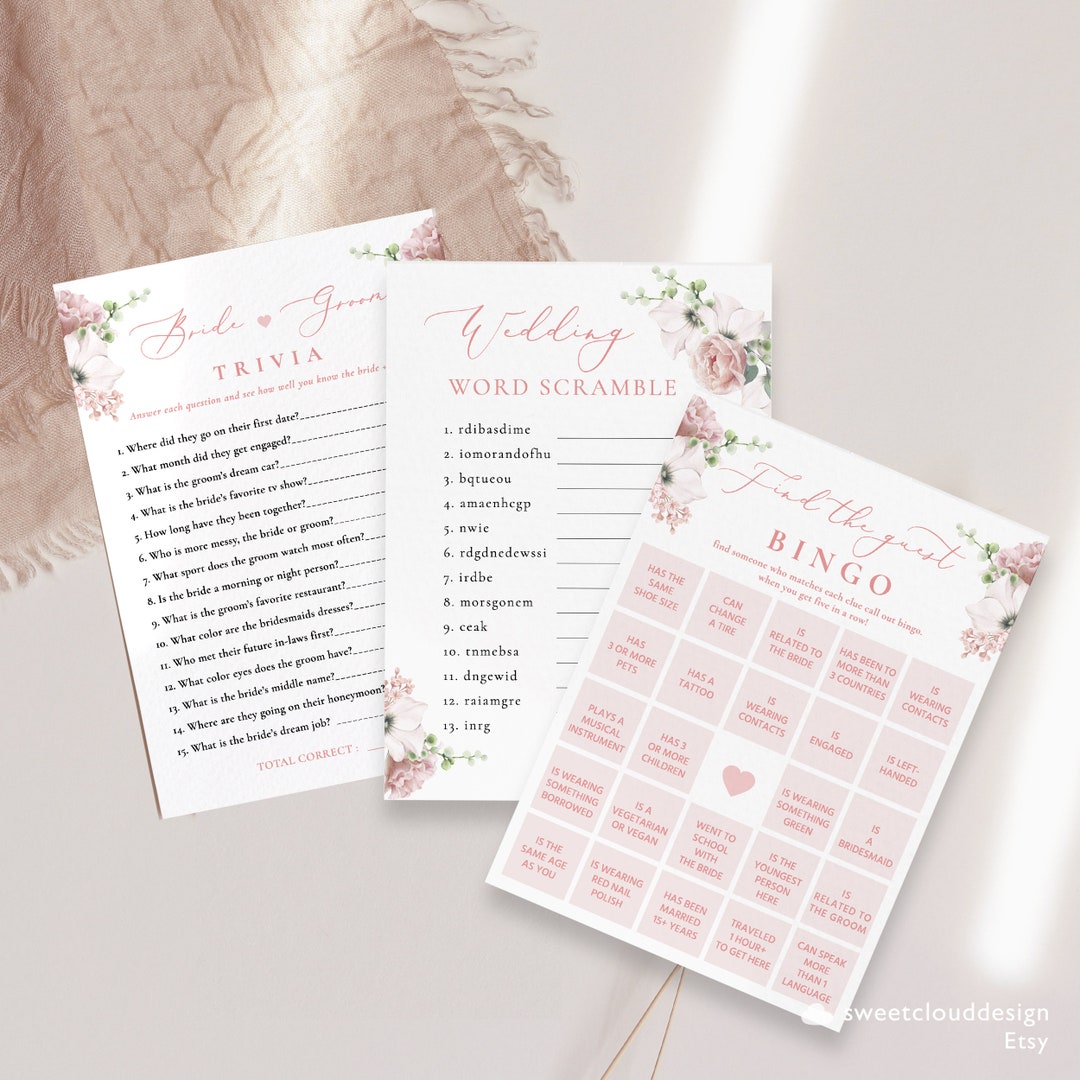 Pink Floral Bridal Shower Game Template Bride & Groom Trivia Game Bingo ...