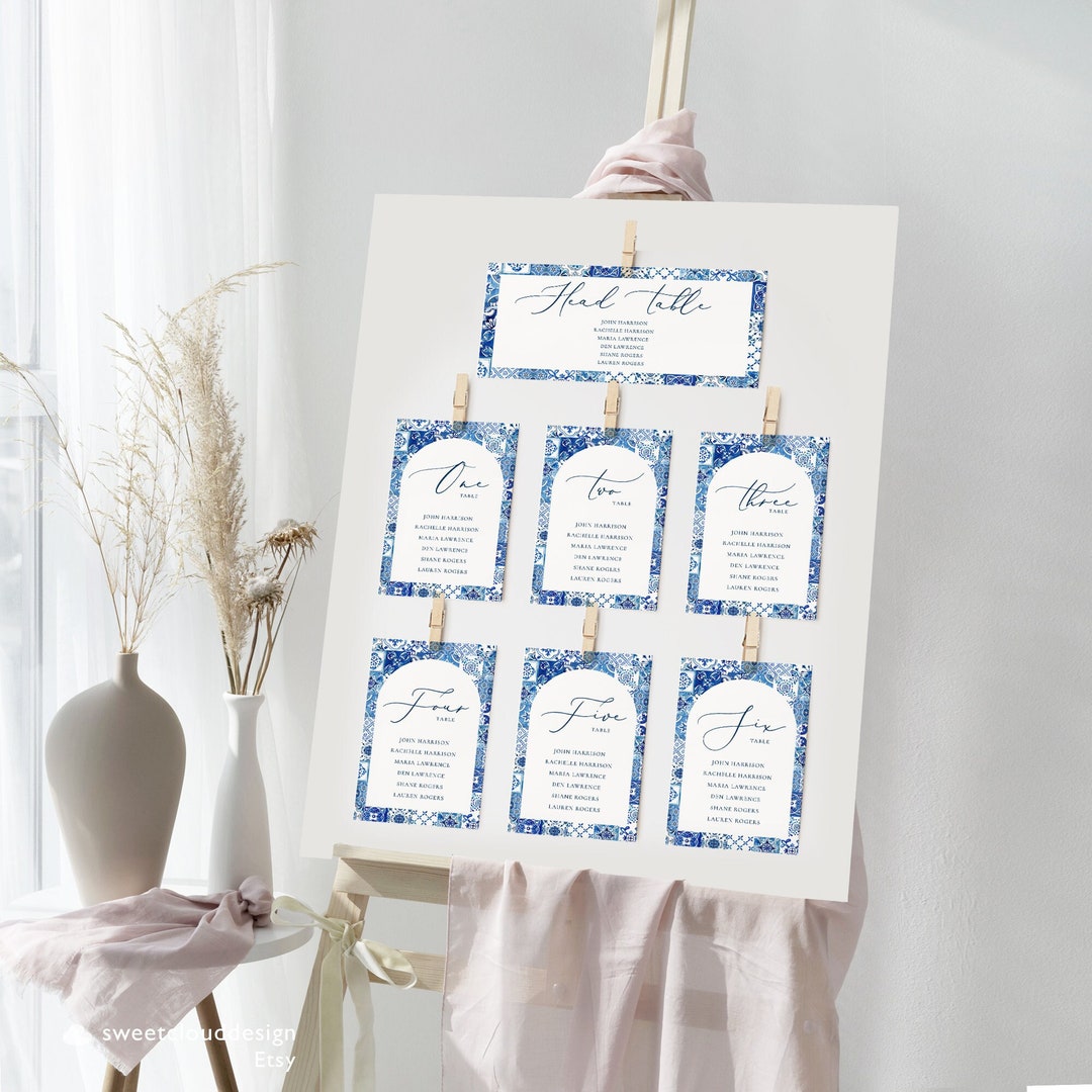 Blue Tile Frame Seating Card Template Italy Blue Tile Seat Chart Cards ...