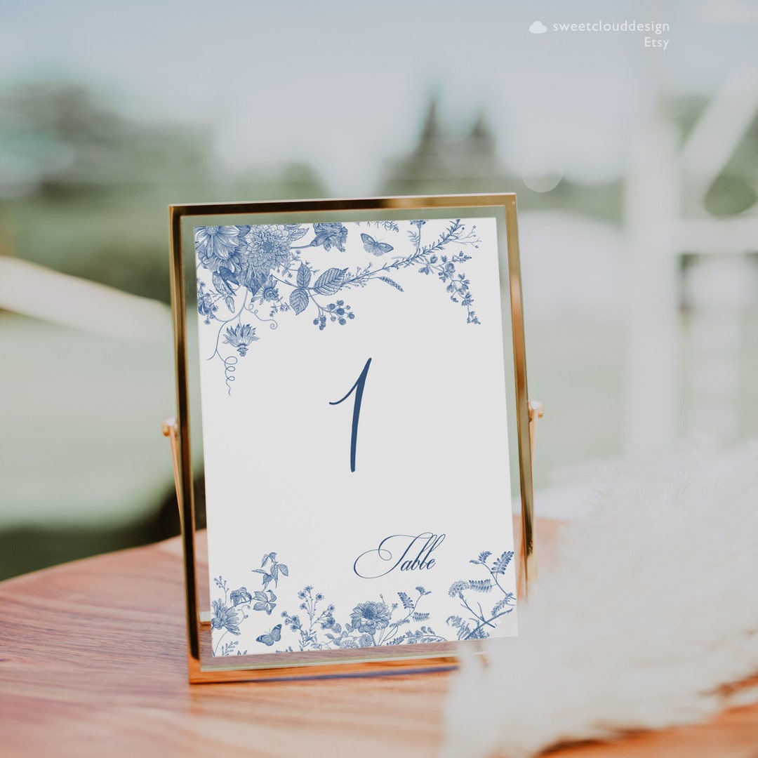 Dusty Blue Flower Table Number Template Steel Blue Floral Wedding Table ...