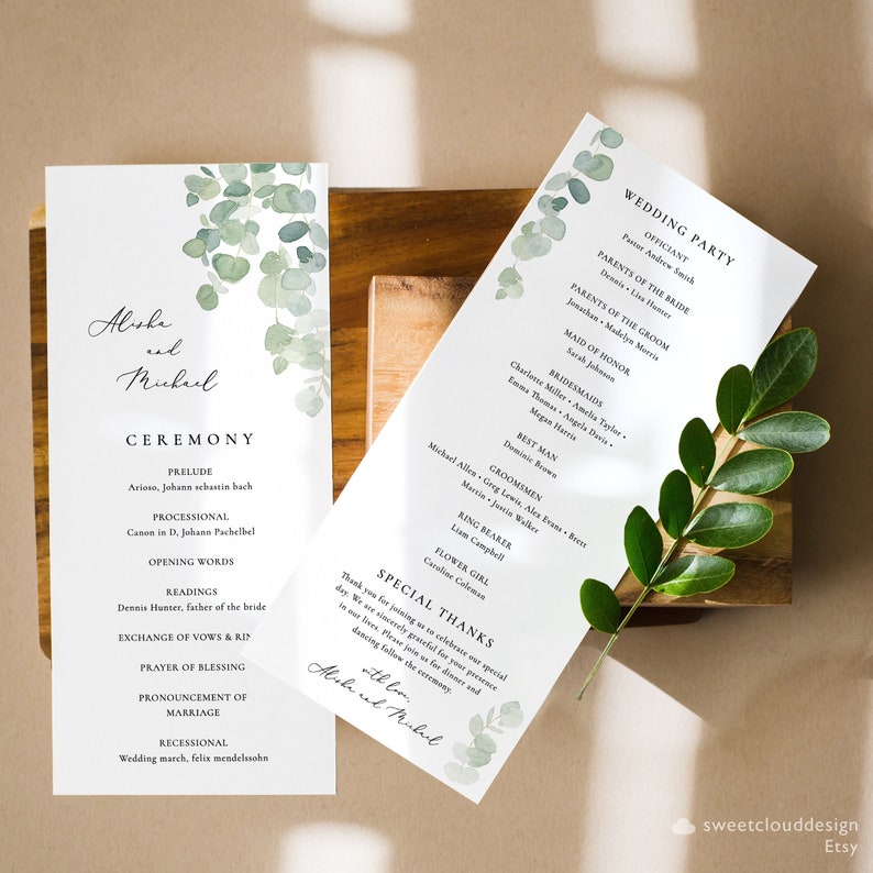 Soft Greenery Wedding Program Template Printable Eucalyptus | Etsy