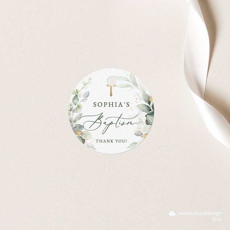Greenery Baptism Round Tag Template Green Favor Circle Sticker Label ...