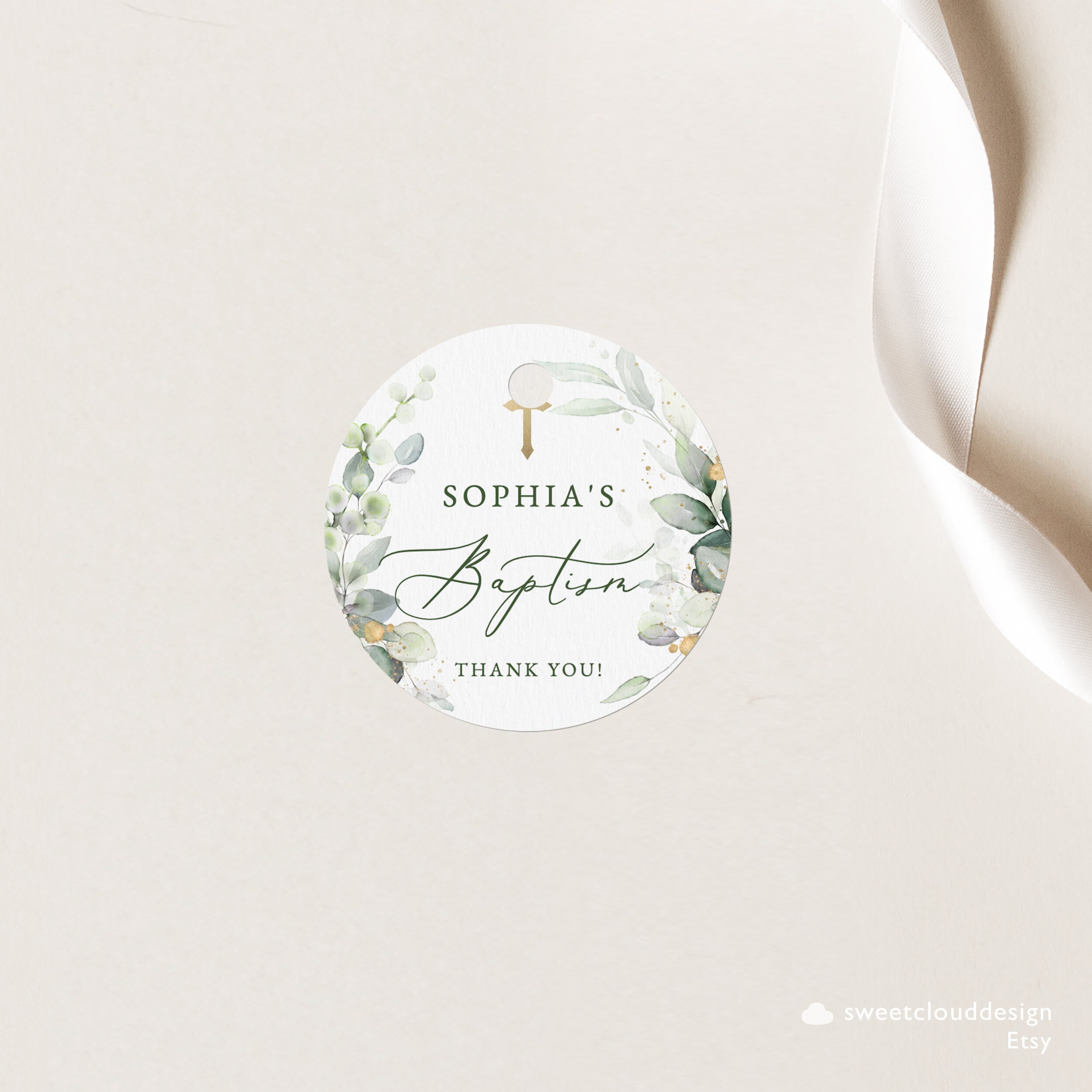 Greenery Baptism Round Tag Template Green Favor Circle Sticker Label ...