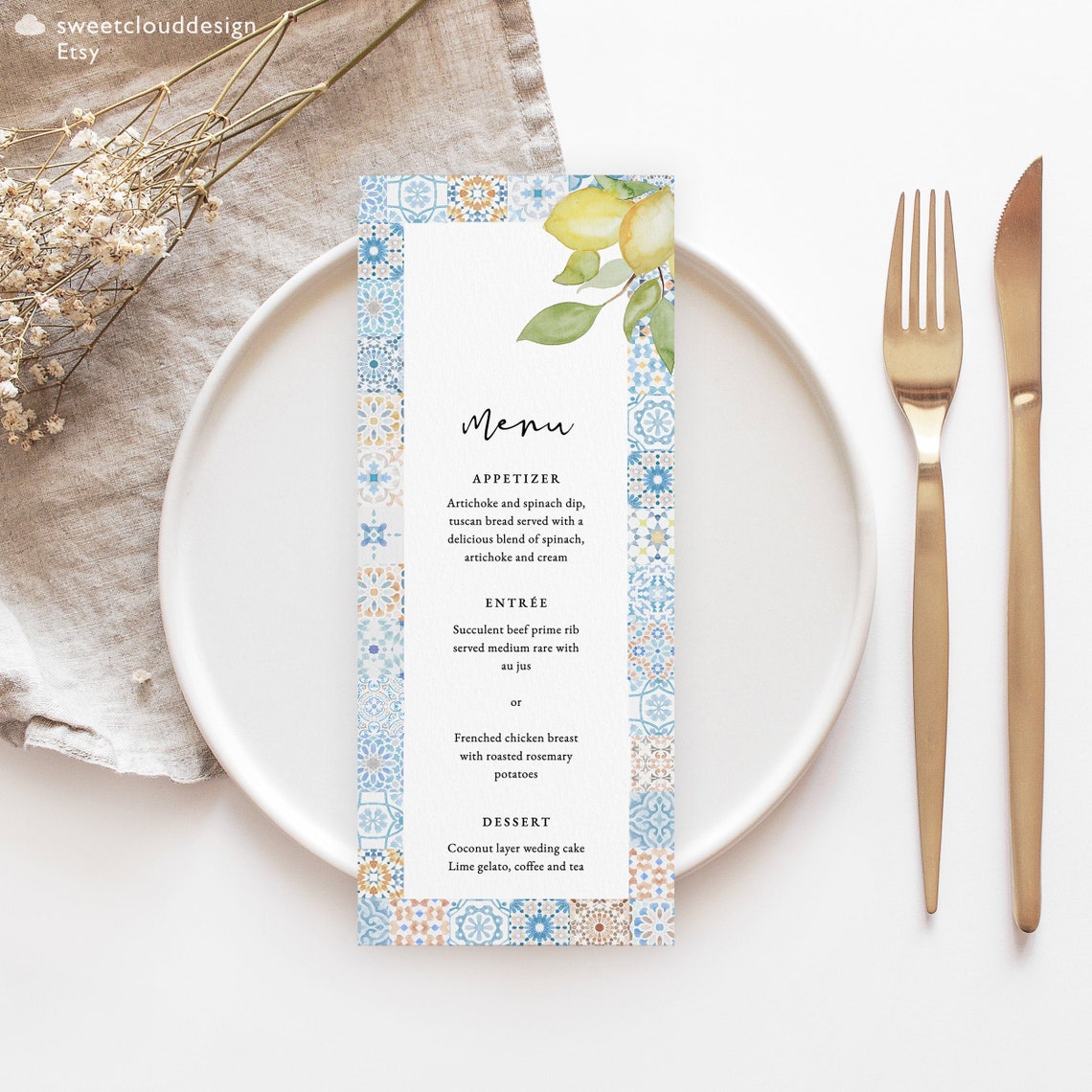 Lemon and Blue Tile Wedding Menu Template Italy Blue Tile Table Menu ...