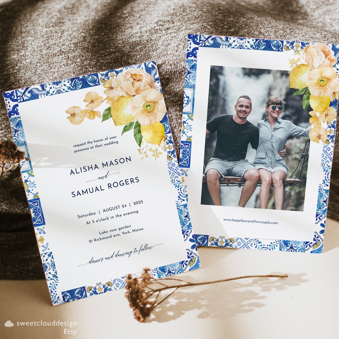 Positano Blue Tile Invitation Set Peach Floral Wedding Invitation ...