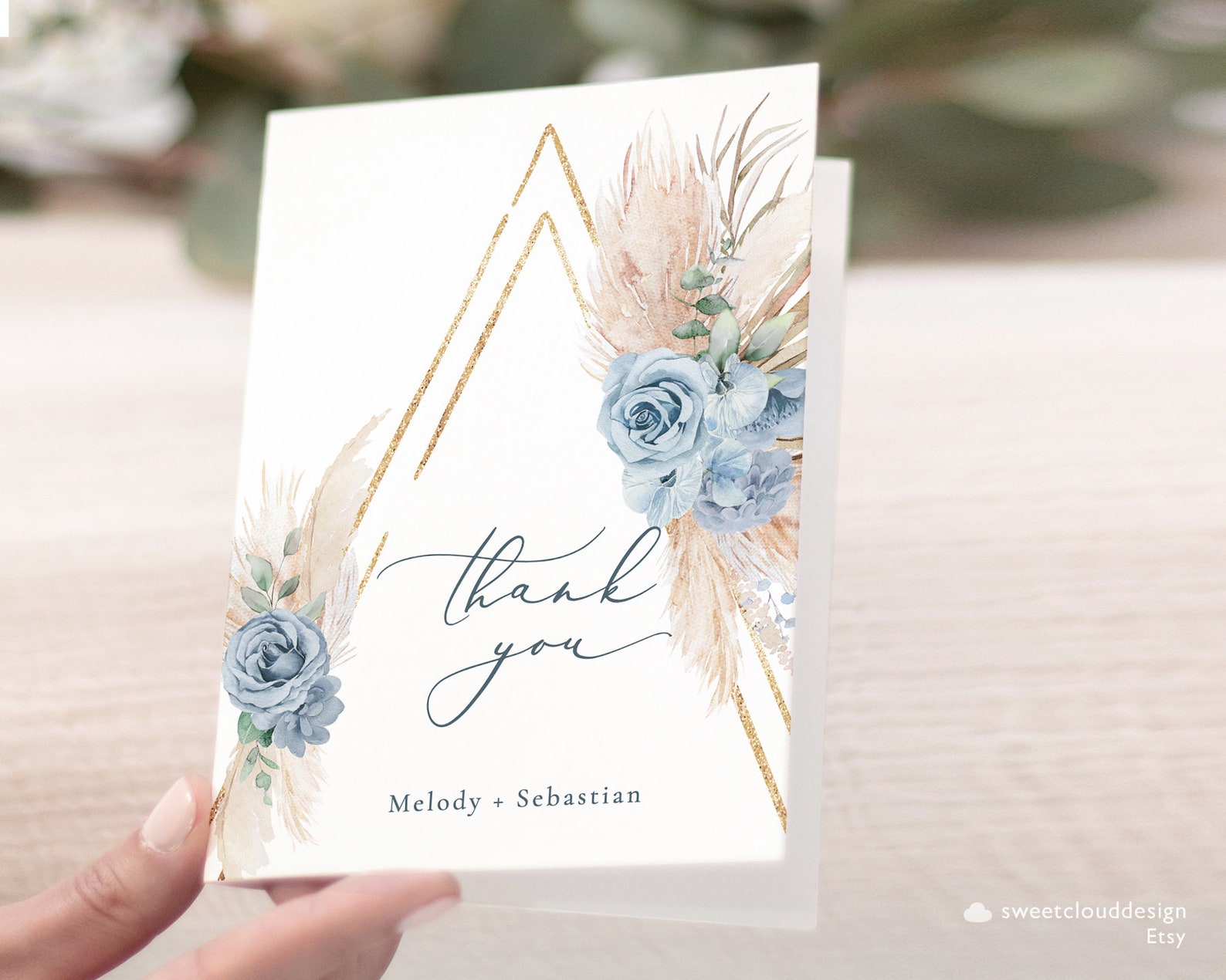 Dusty Blue and Gold Thank You Card Template Steel Blue Arch Thank You ...
