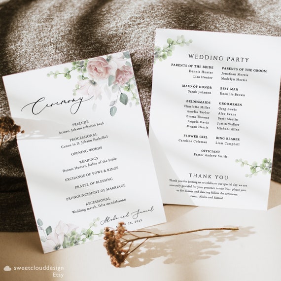 Blush Floral Wedding Program Template Dusty Pink Wedding | Etsy