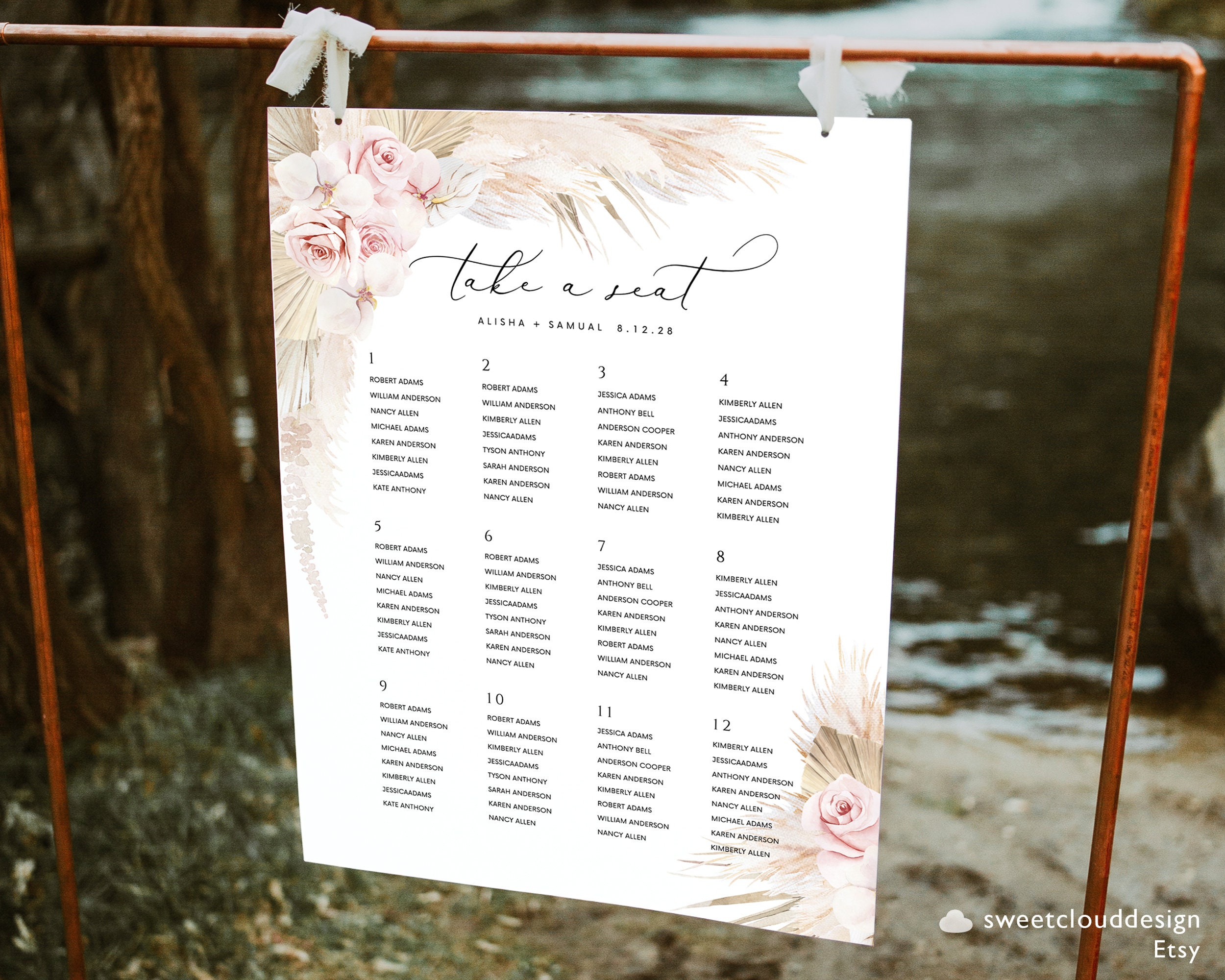 Boho Seating Chart Template Blush Rose Pampas Grass Seat Chart - Etsy