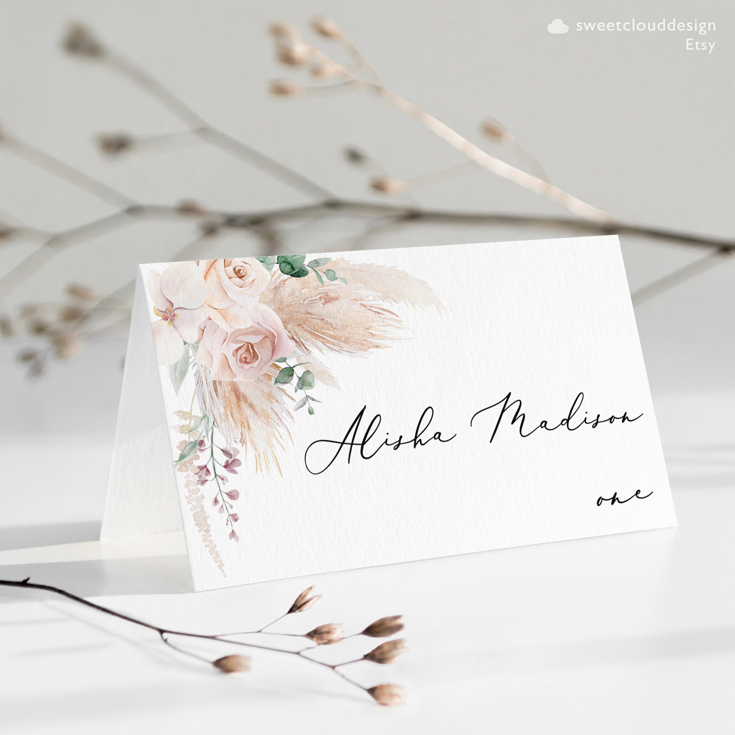 Blush Boho Place Card Template,bohemian Name Card ,pampas Grass Place ...