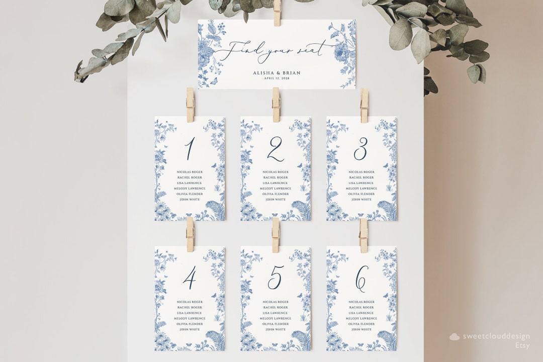 Dusty Blue Floral Table Seating Chart Card Template Blue - Etsy