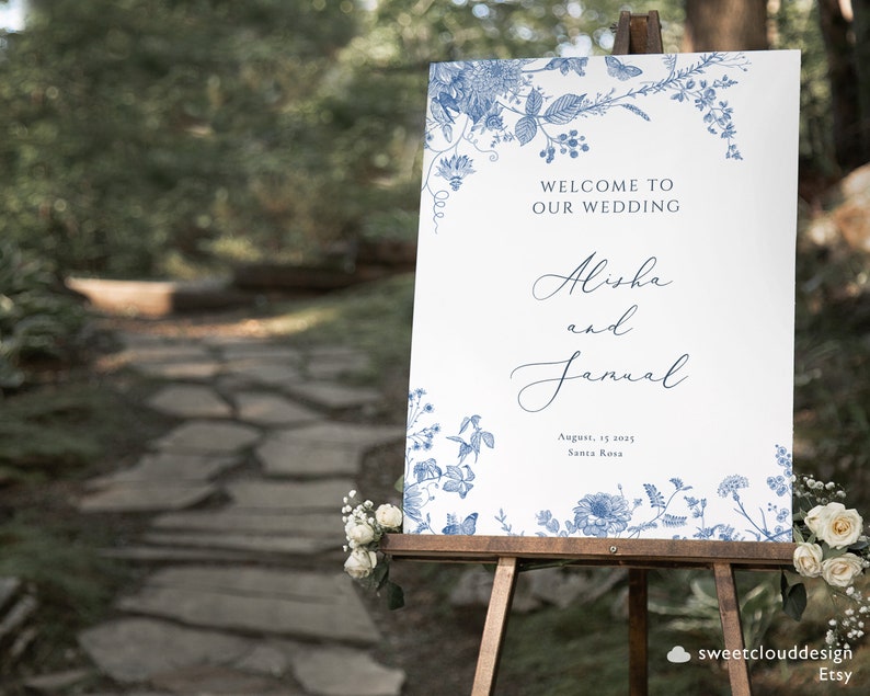 Dusty Blue Floral Wedding Welcome Sign Blue Flower Welcome Wedding Sign ...