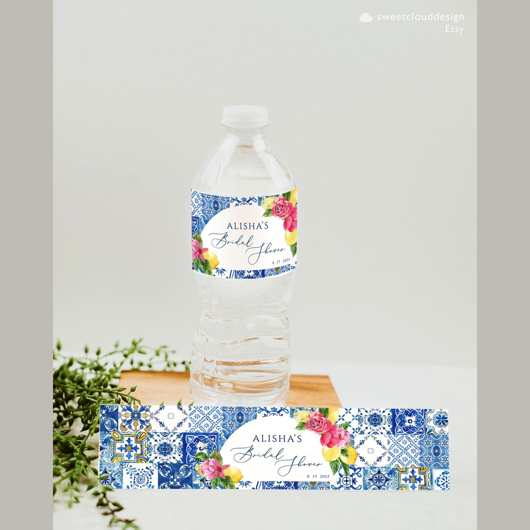 Blue Tile Lemon Water Bottle Label Template Lemon Pink Flower Bridal ...