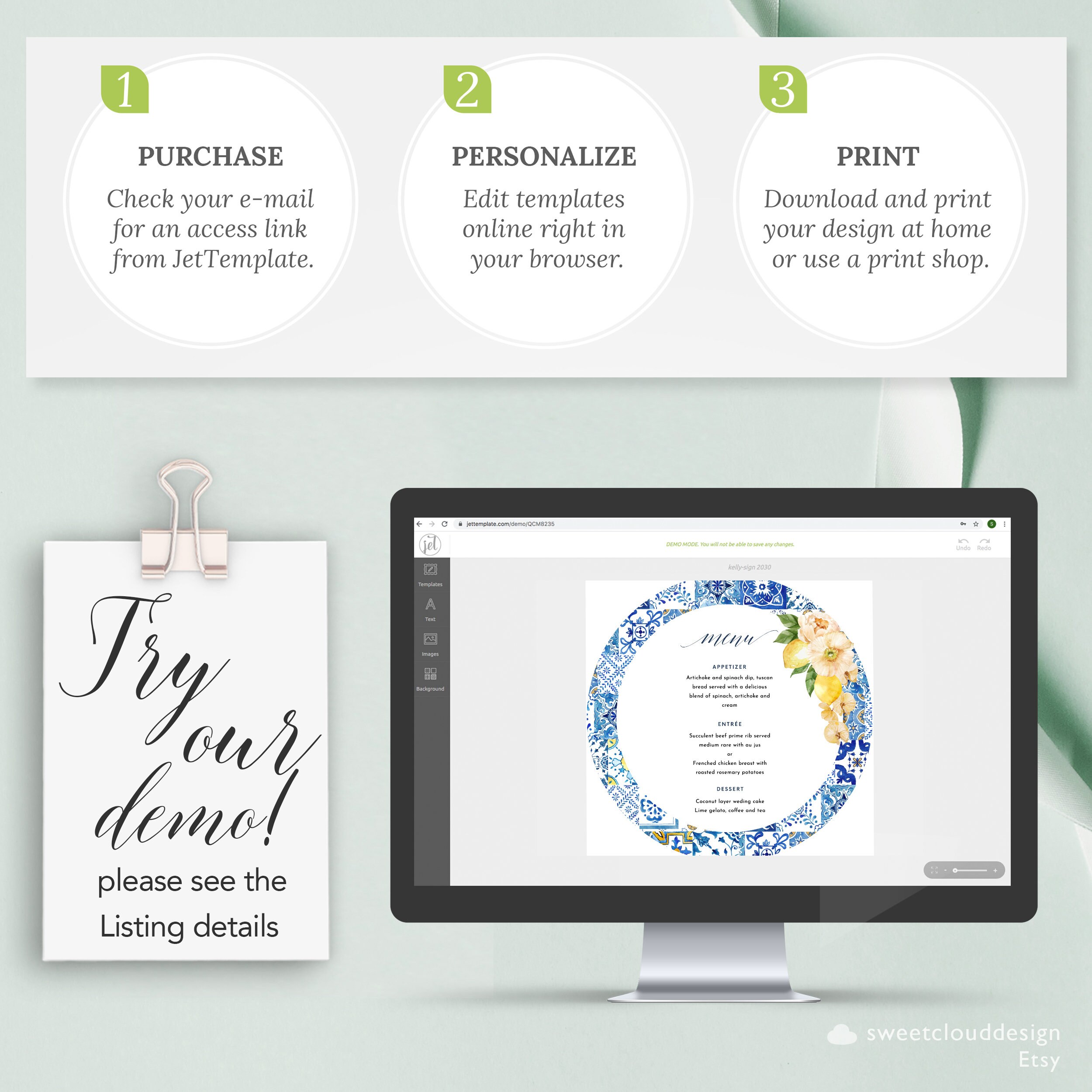 Blue Tile Round Table Menu Template Italy Blue Tile and Lemon - Etsy