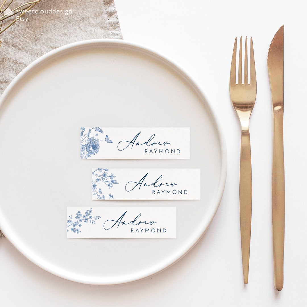 Duty Blue Thin Place Card Template Blue Floral Slim Name Card Blue ...