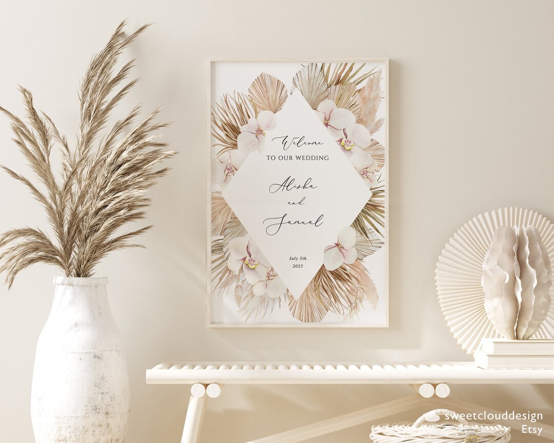 Boho Orchid Welcome Wedding Sign Template Vertical Pampas Grass Welcome ...