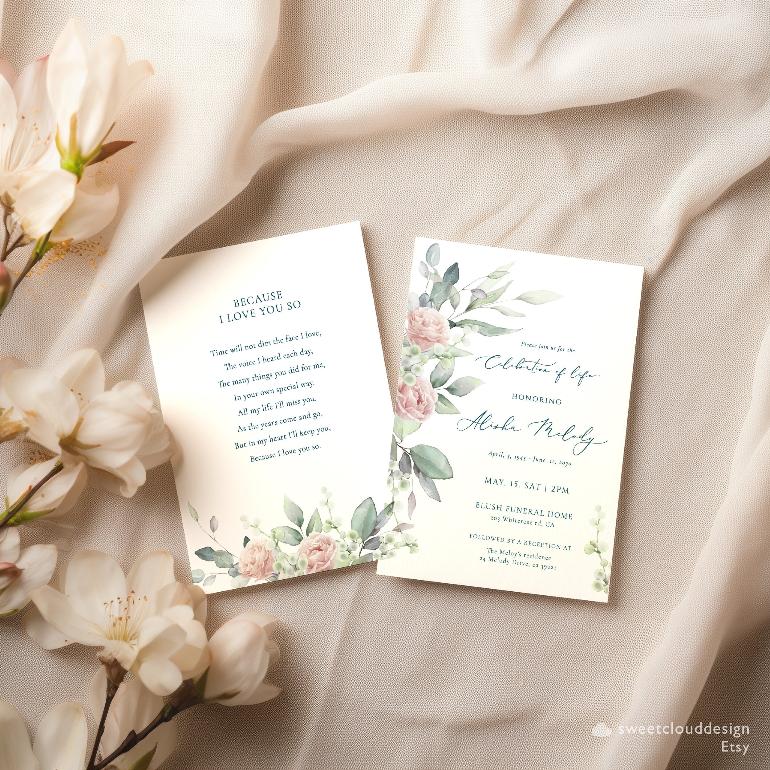 Dusty Pink Flower Funeral Invitation Blush Floral Rose Funeral ...
