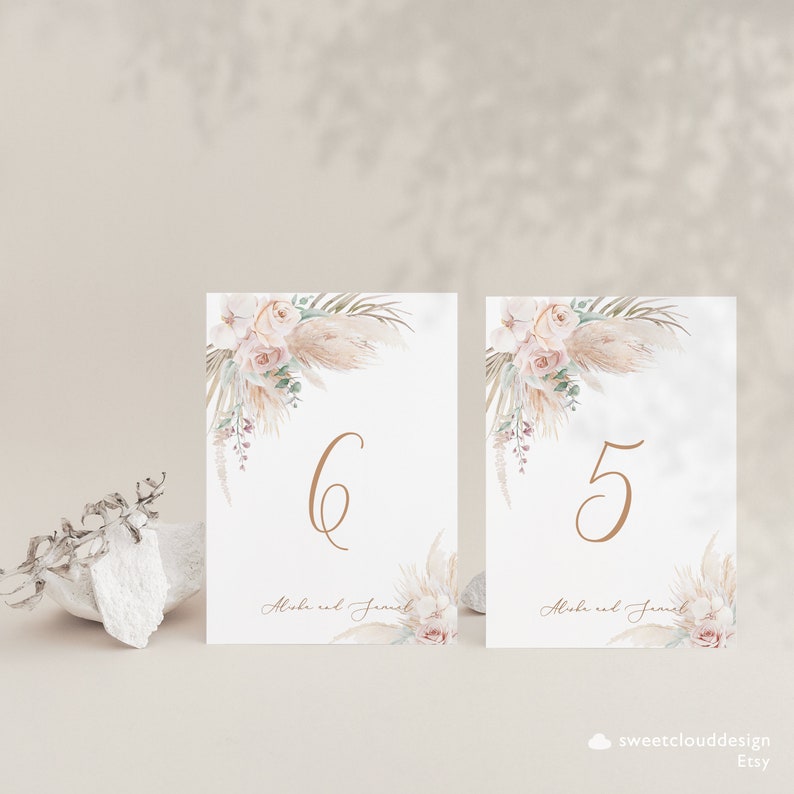 Boho Table Number Boho Rose Wedding Table Number Pampas Grass - Etsy