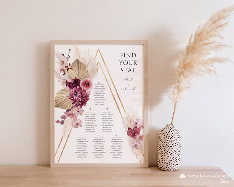 Burgundy Boho Seating Chart Sign Template Magenta Boho Teepee Chart ...