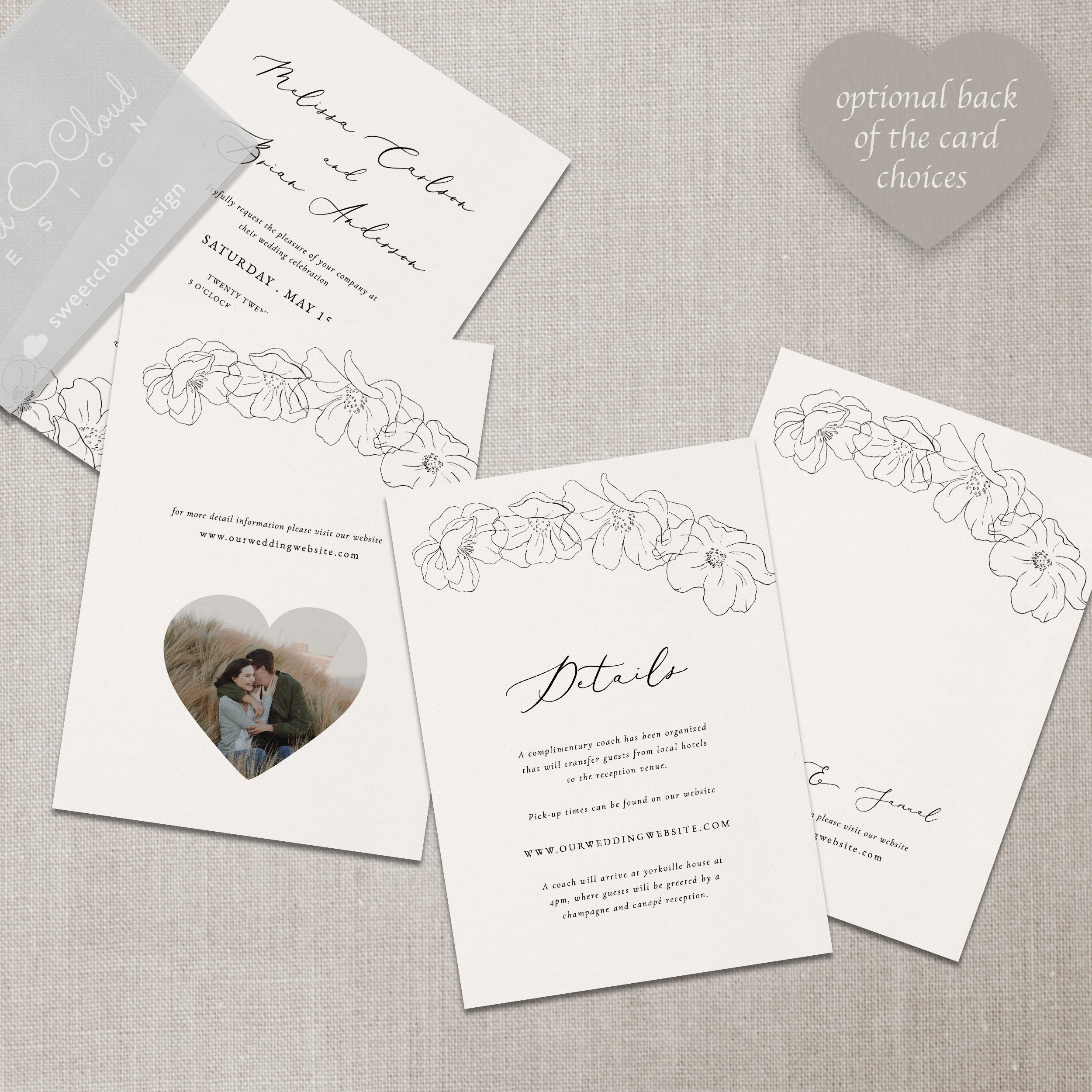 Simple Floral Wedding Invitation Template Line Flower Editable ...