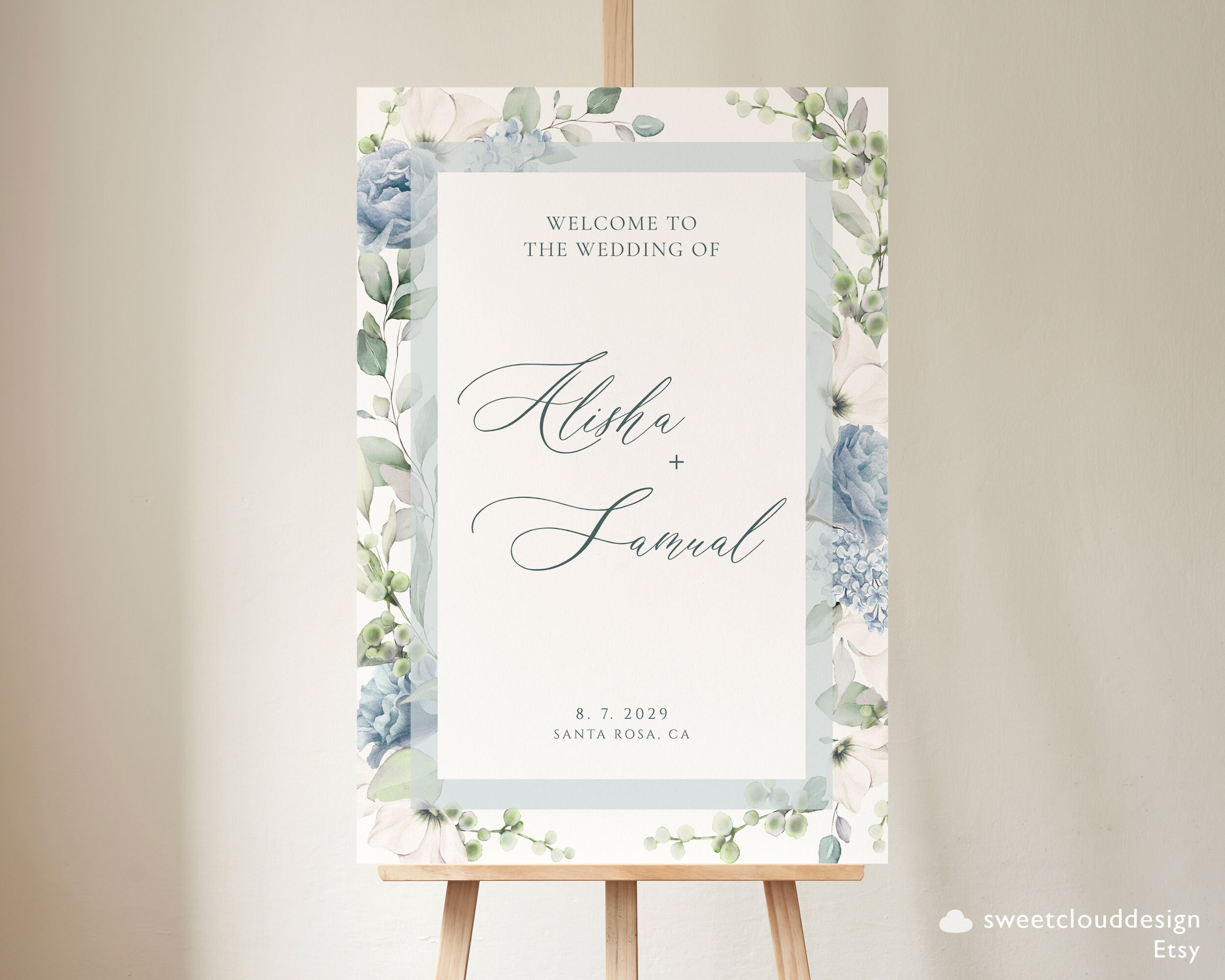 Steel Blue Floral Wedding Sign Dusty Blue Flower Welcome Wedding Sign ...